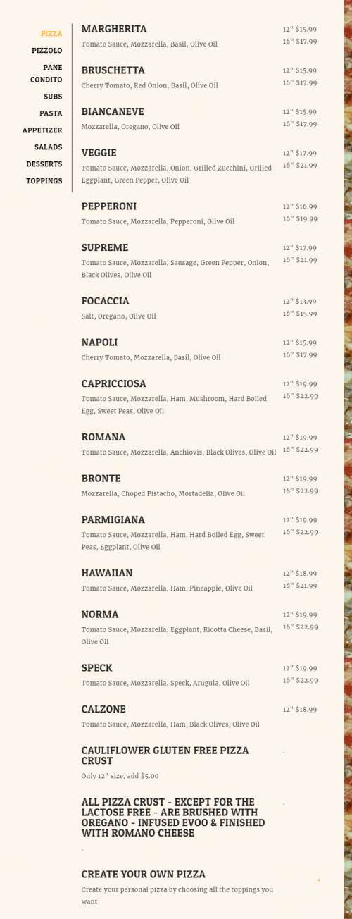 Sicilia Italian Pizzeria menu in Venice, Florida, USA