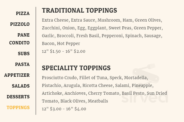 Menu - Venice FL's Sicilia Italian Pizzeria | Sirved
