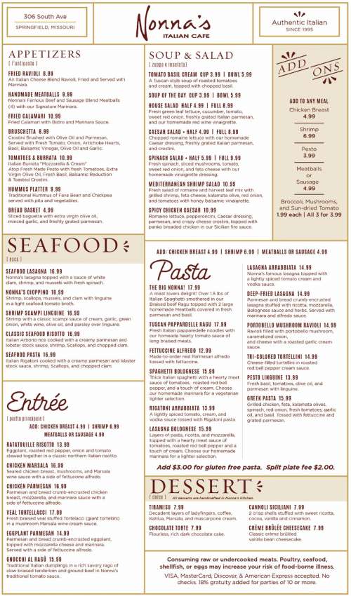 Nonna's menu in Springfield, Missouri, USA