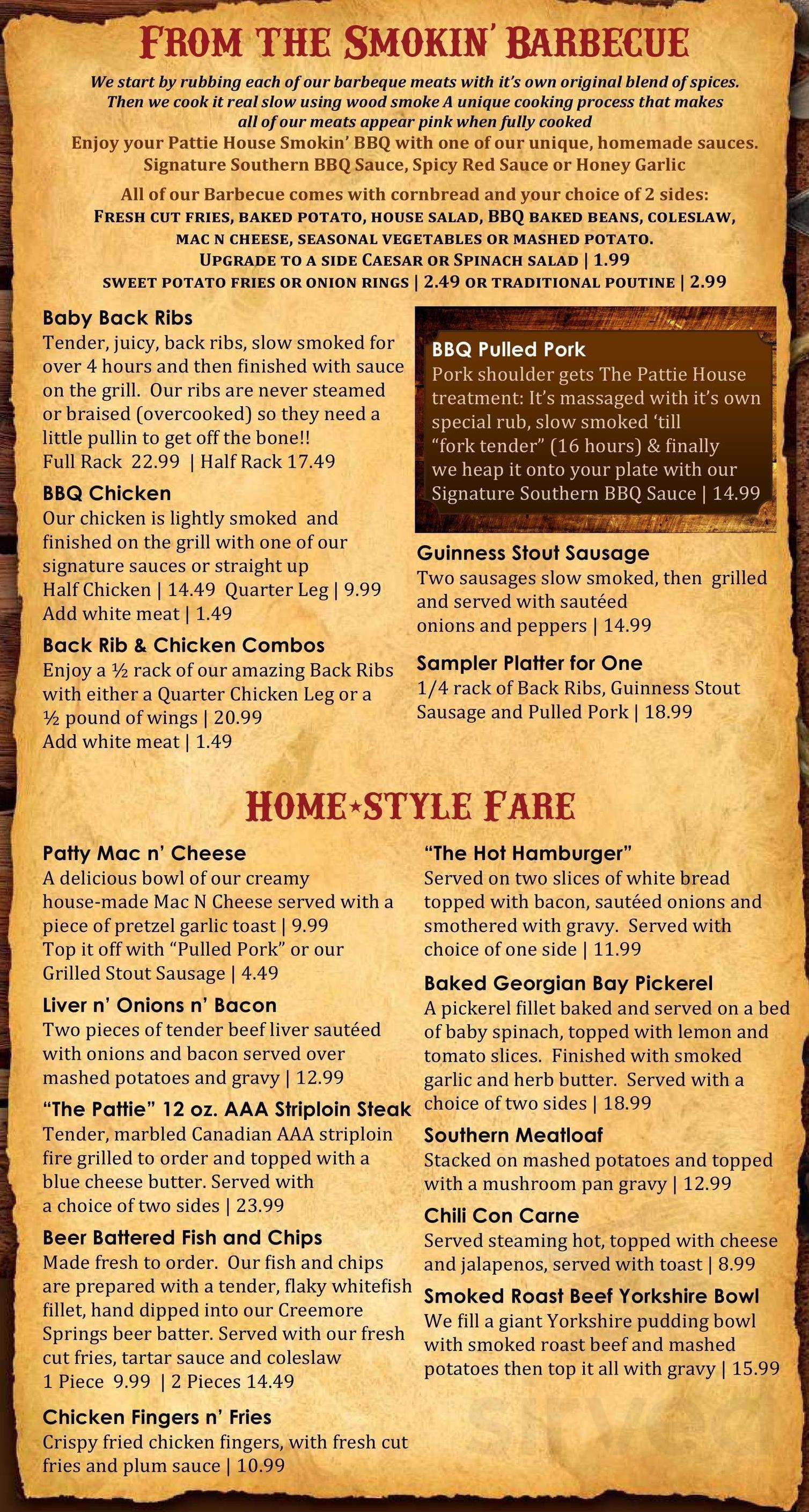 The Pattie House Smokin' BBQ menu in Coboconk, Ontario, Canada