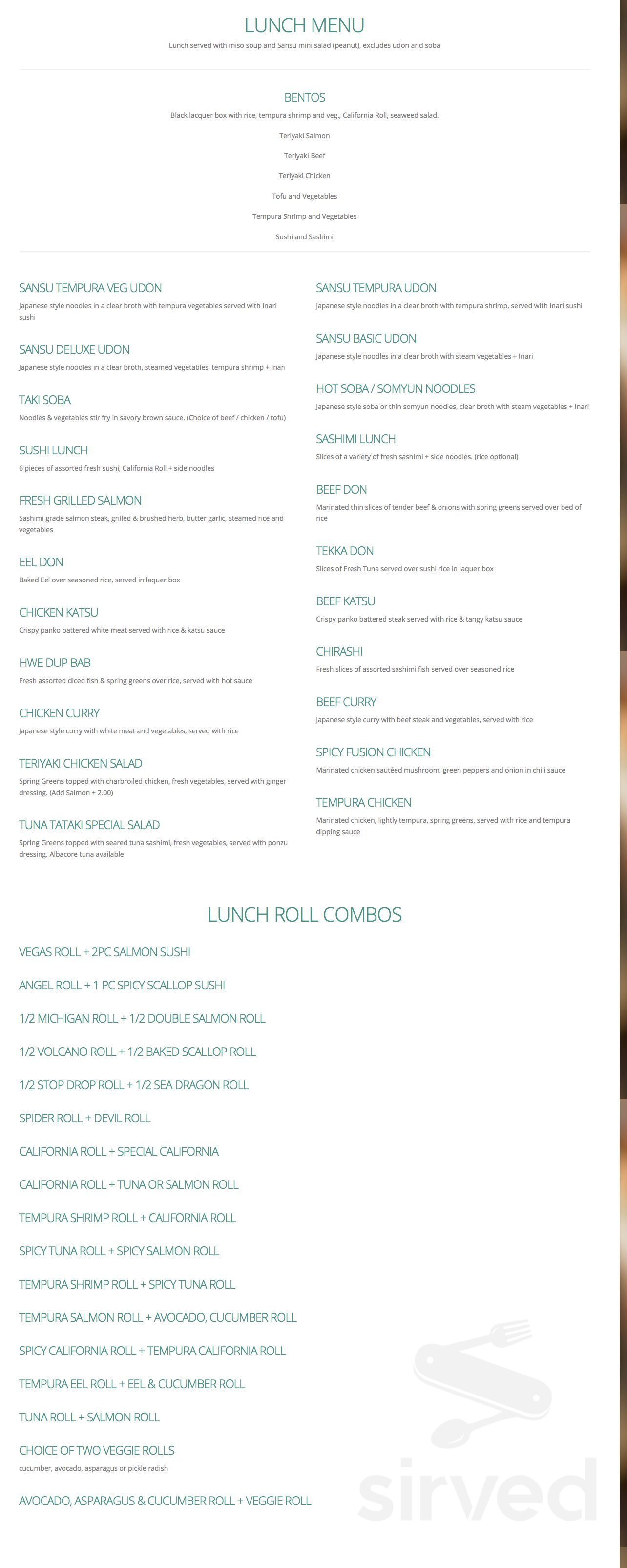 Sansu Sushi and Cocktails menu in East Lansing, Michigan, USA