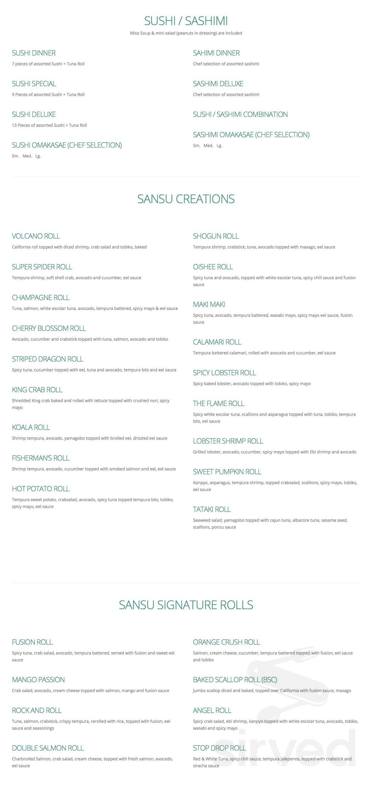 Sansu Sushi and Cocktails menu in East Lansing, Michigan, USA