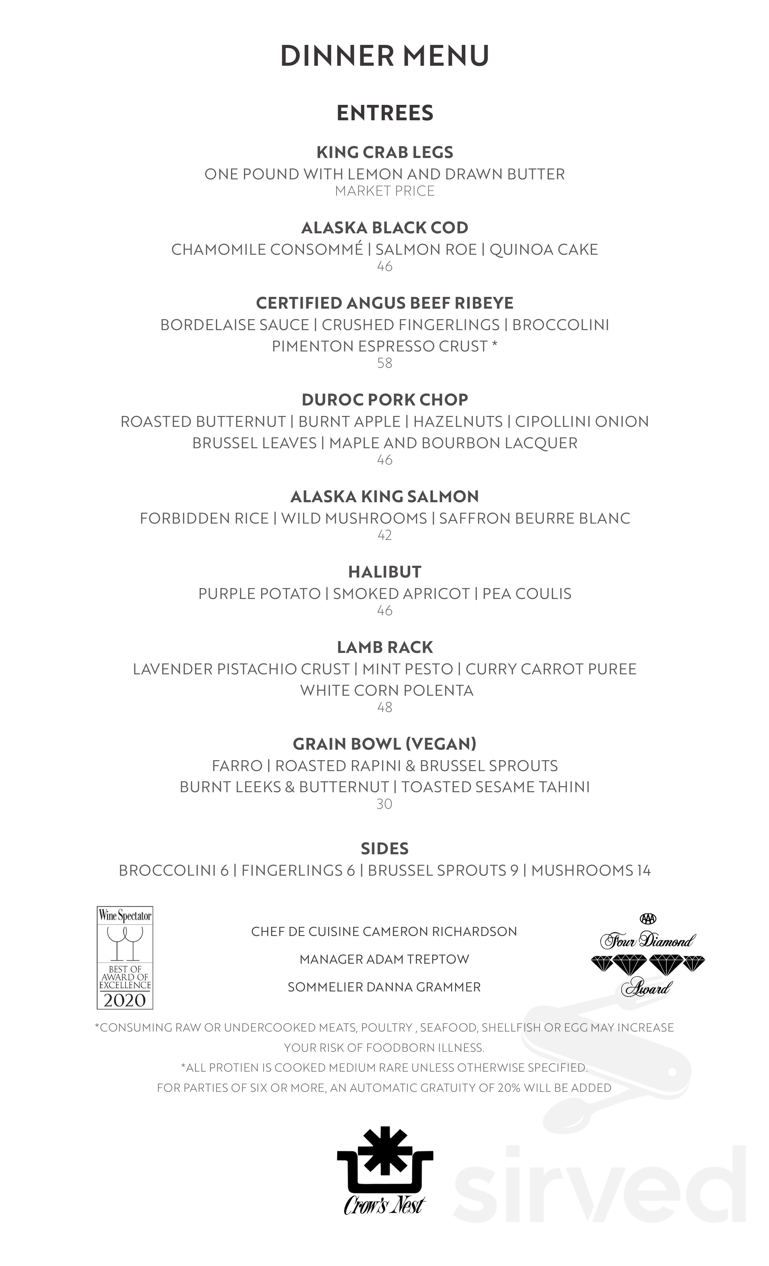 Crow's Nest menu in Anchorage, Alaska, USA
