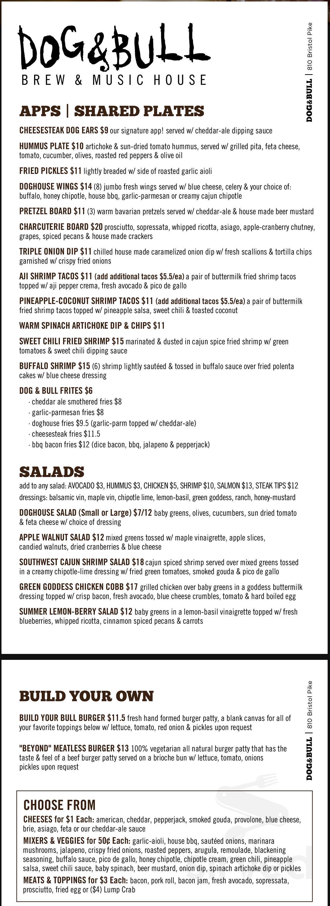 Menu - Croydon PA's Dog & Bull Brew & Music | Sirved