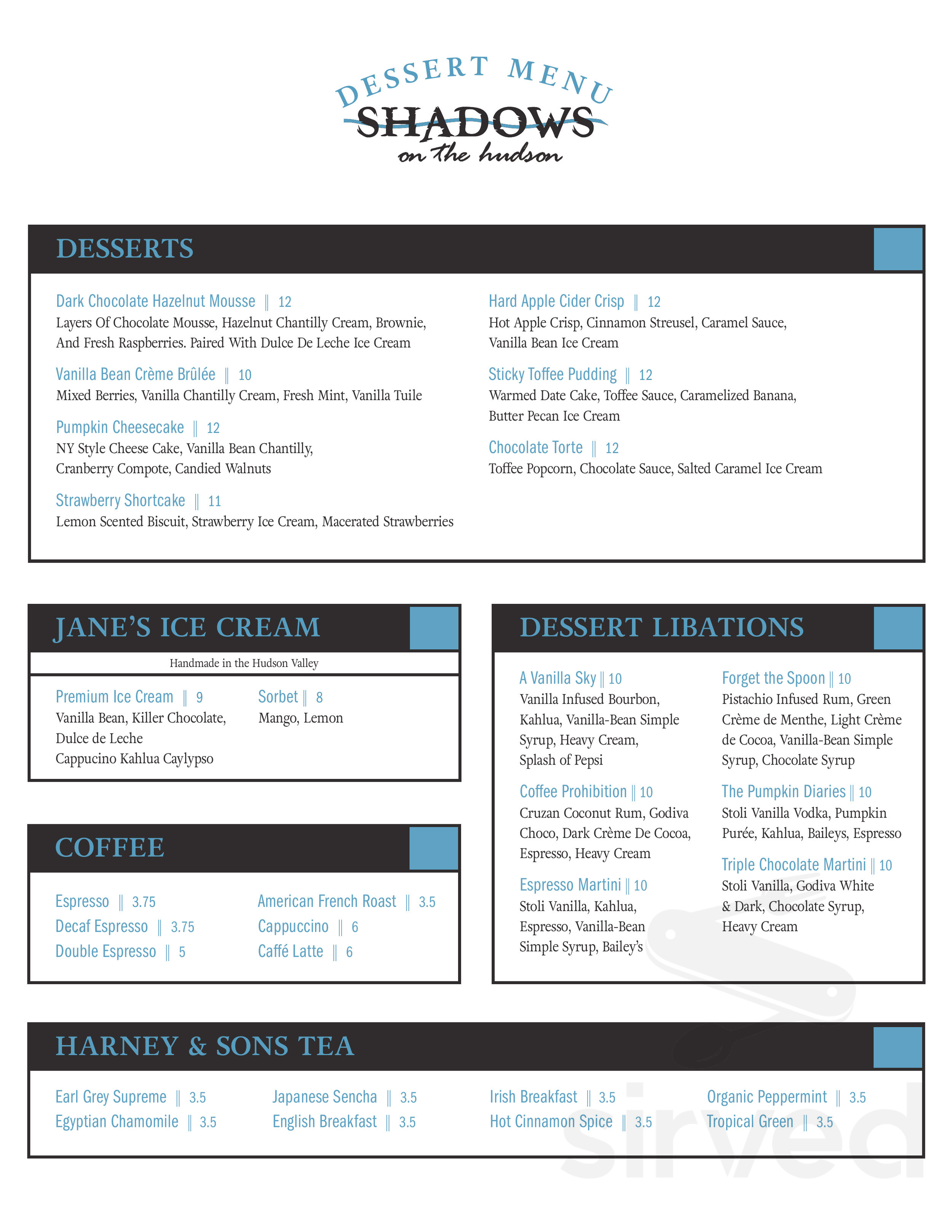 Menu for Shadows on the Hudson in Poughkeepsie, NY | Sirved