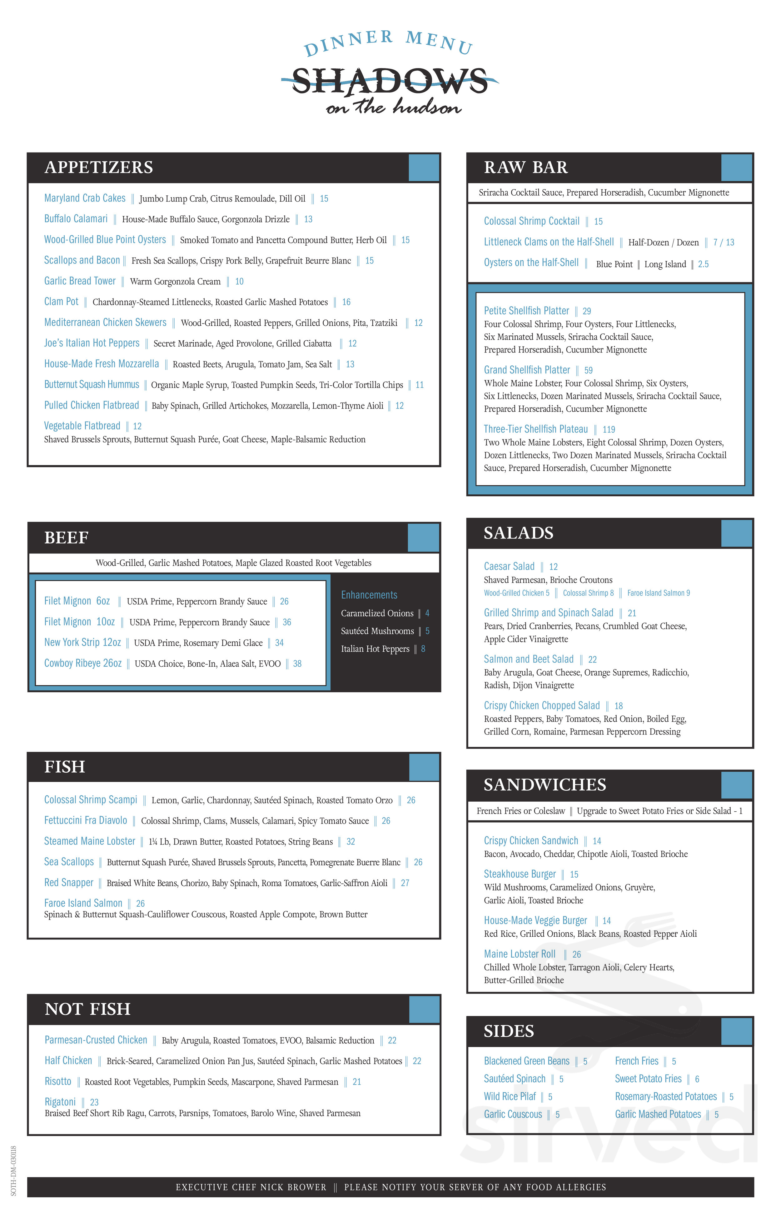 Menu for Shadows on the Hudson in Poughkeepsie, NY | Sirved