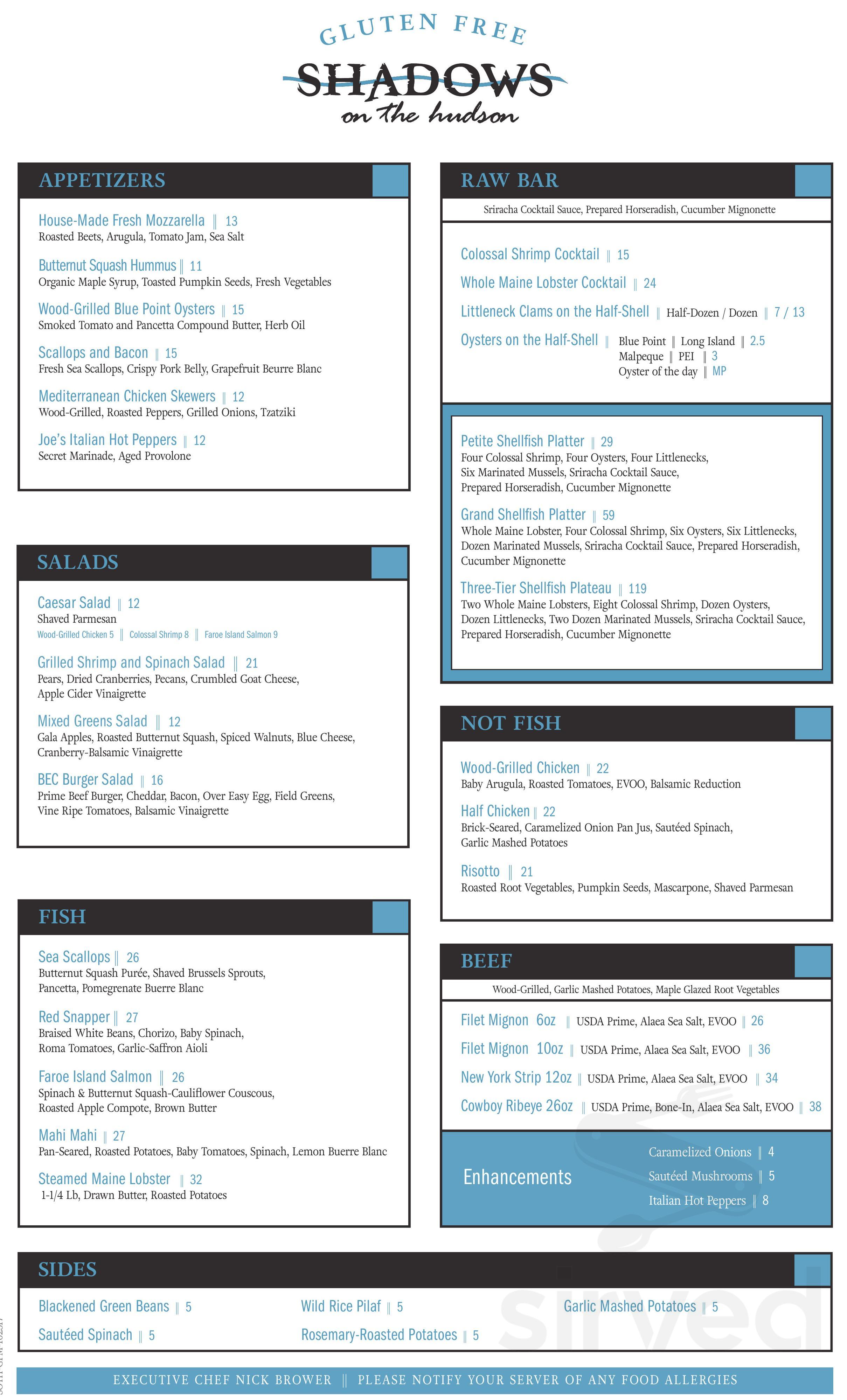 Menu for Shadows on the Hudson in Poughkeepsie, NY | Sirved