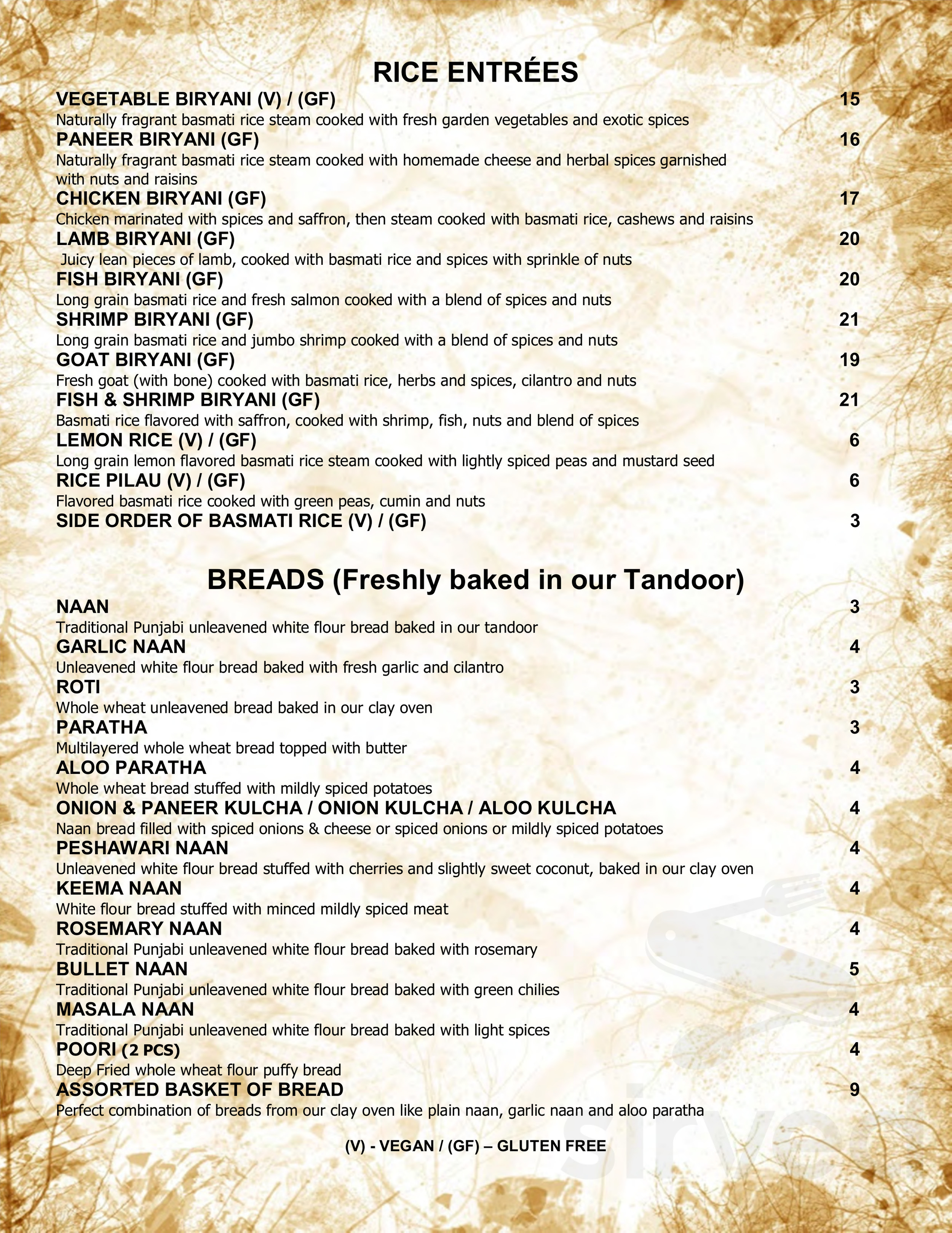 Nawab Indian Cuisine menu in Winston-Salem, North Carolina, USA