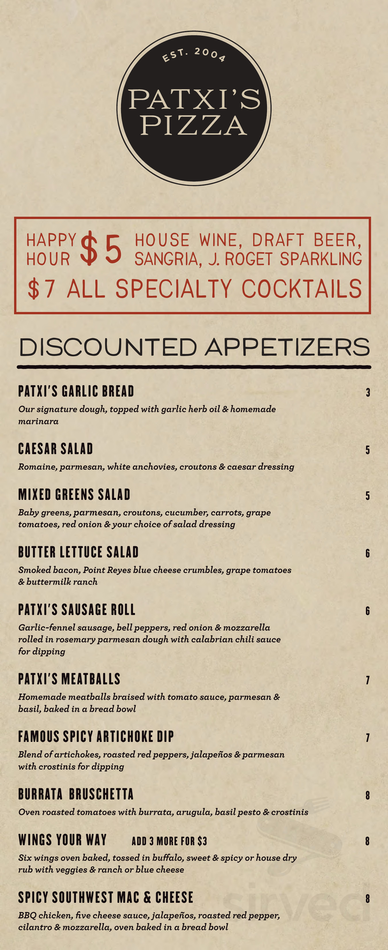 Menu - Seattle WA's Patxi's Pizza | Sirved