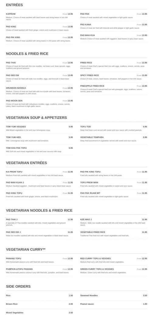 Sala Thai Restaurant menu in Bethesda, Maryland, USA