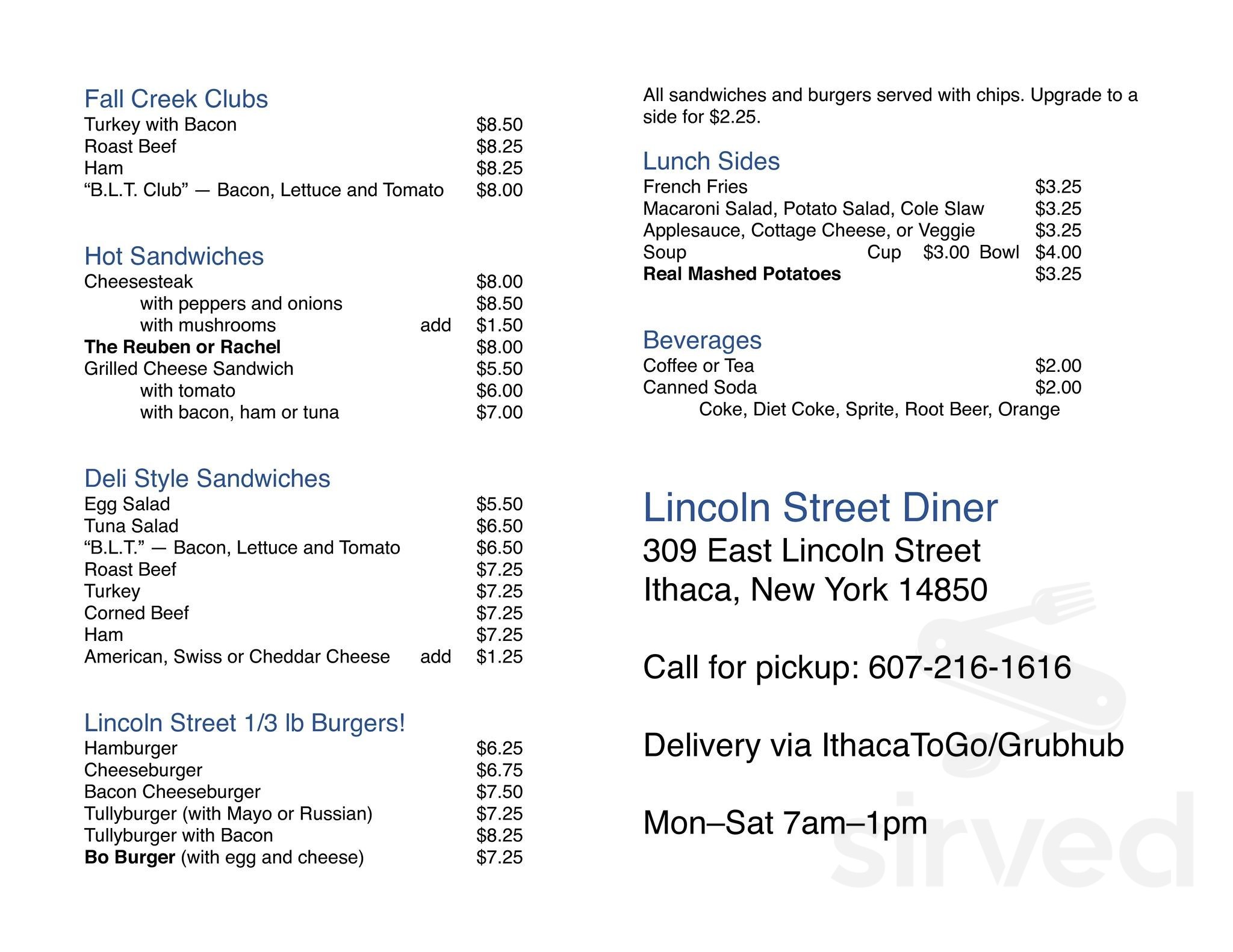 Lincoln Street Diner menu in Ithaca, New York, USA