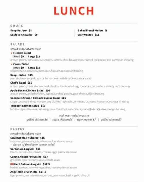 Fireside Bistro menu in Regina, Saskatchewan, Canada