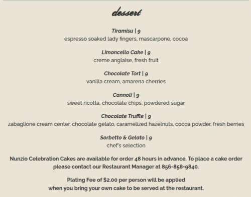 Nunzio Ristorante Rustico menu in Collingswood, New Jersey, USA