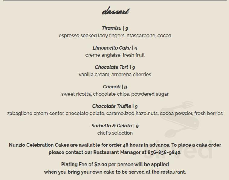 Menu for Nunzio Ristorante Rustico in Collingswood, NJ | Sirved