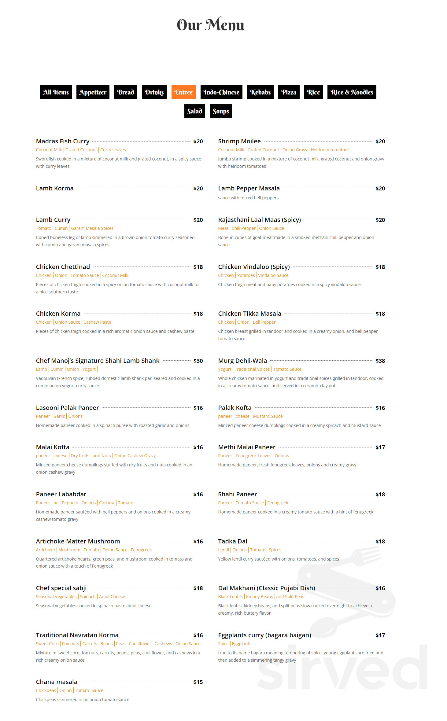 Tamarind menu in Poughkeepsie, New York, USA