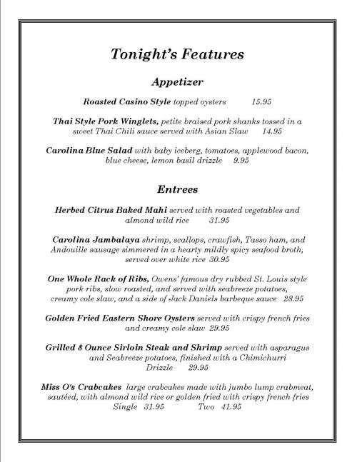 Owens' Restaurant menu in Nags Head, North Carolina, USA