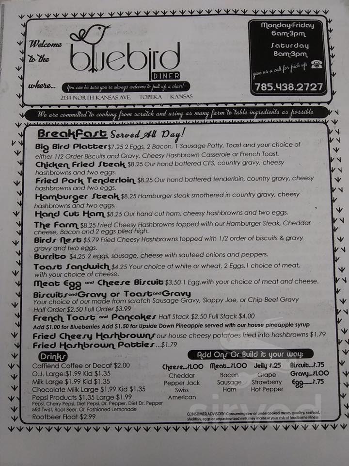 Menu for Bluebird Diner in Topeka, KS | Sirved