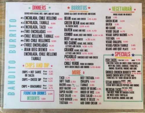 Bandito Burrito Co menu in Huntsville, Alabama, USA