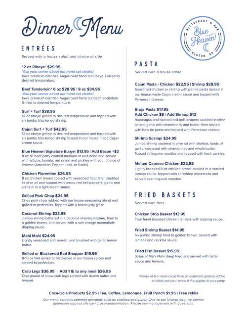 Blue Heaven Restaurant & Bar menu in Benton, Arkansas, USA