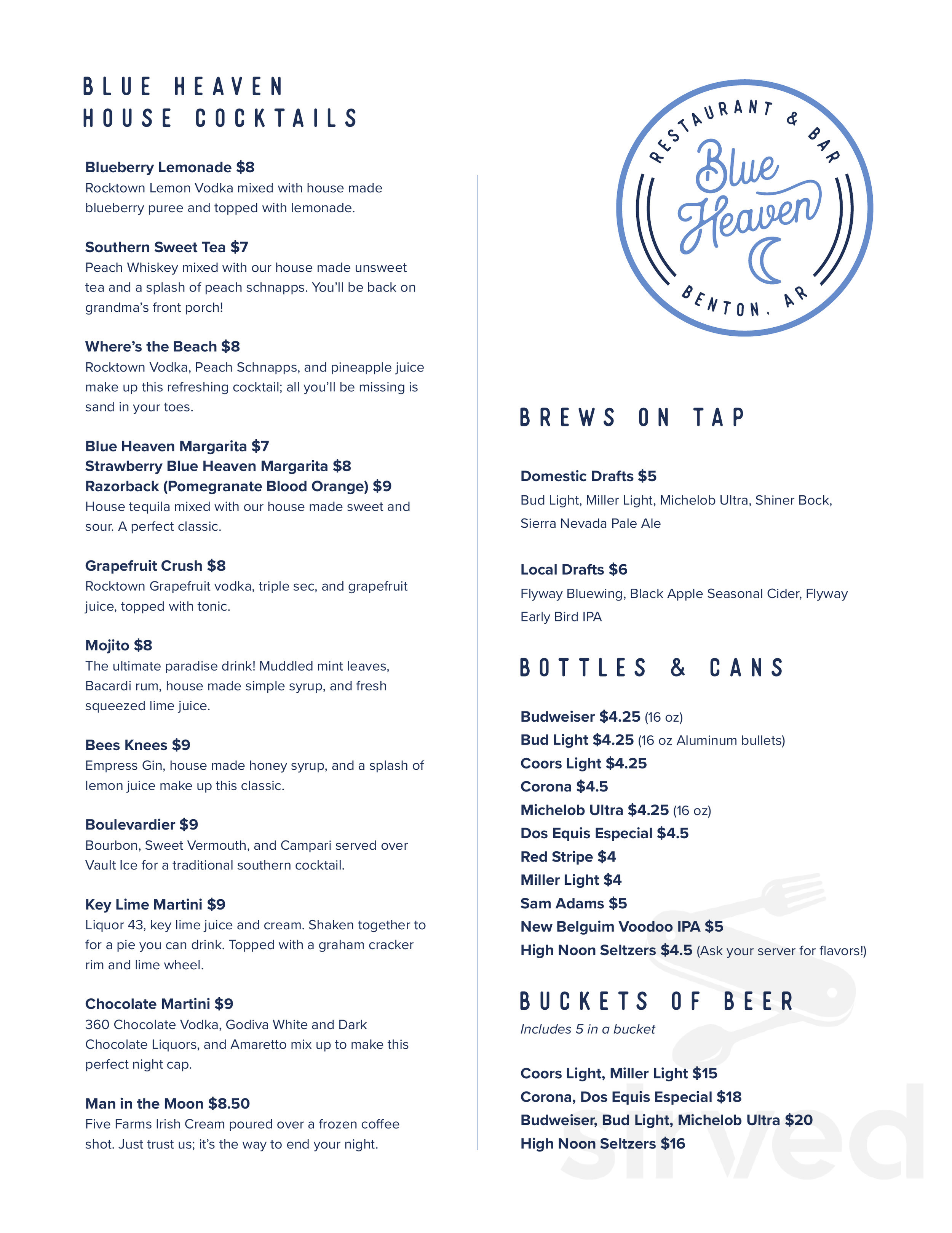 Blue Heaven Restaurant & Bar menu in Benton, Arkansas, USA