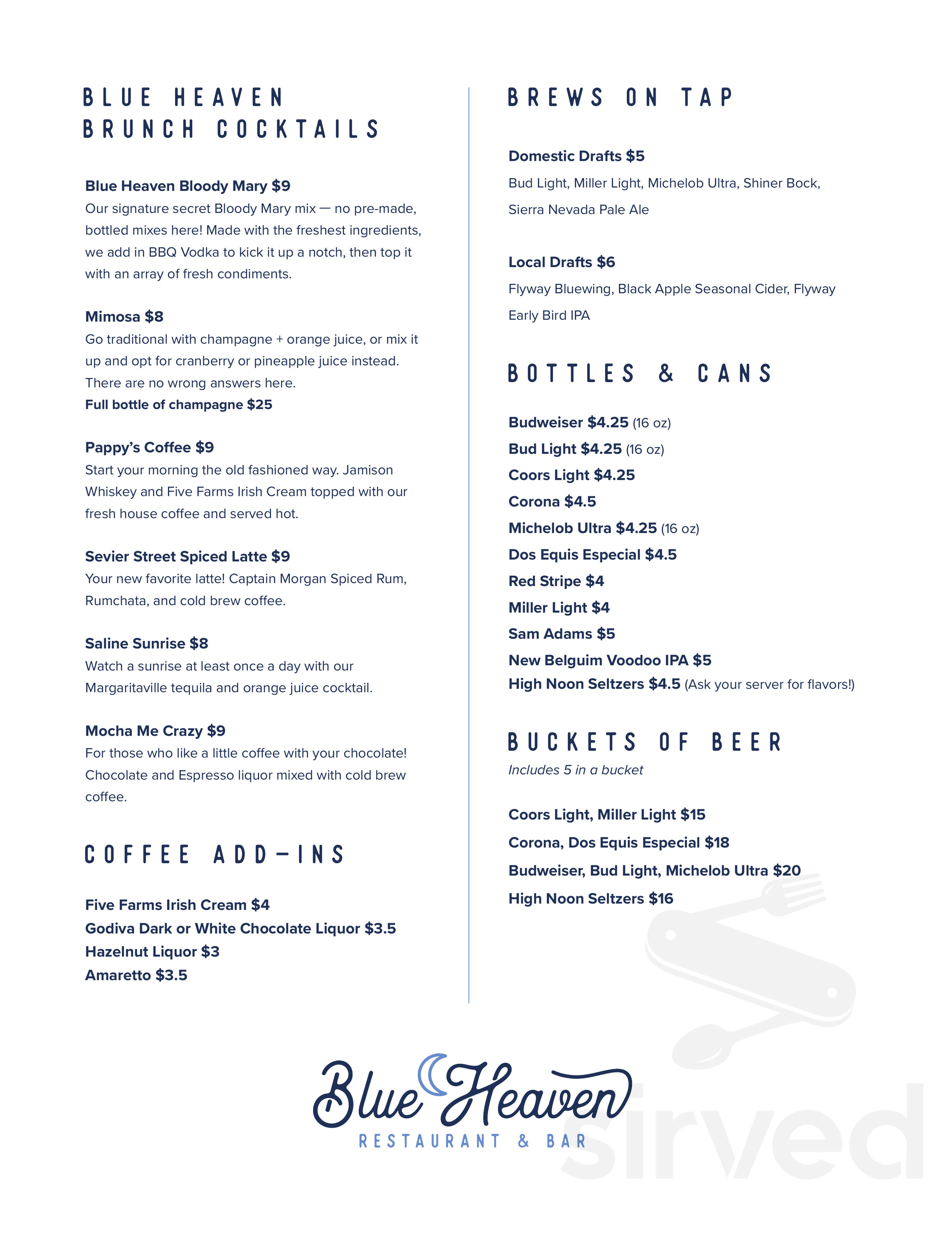 Blue Heaven Restaurant & Bar menu in Benton, Arkansas, USA