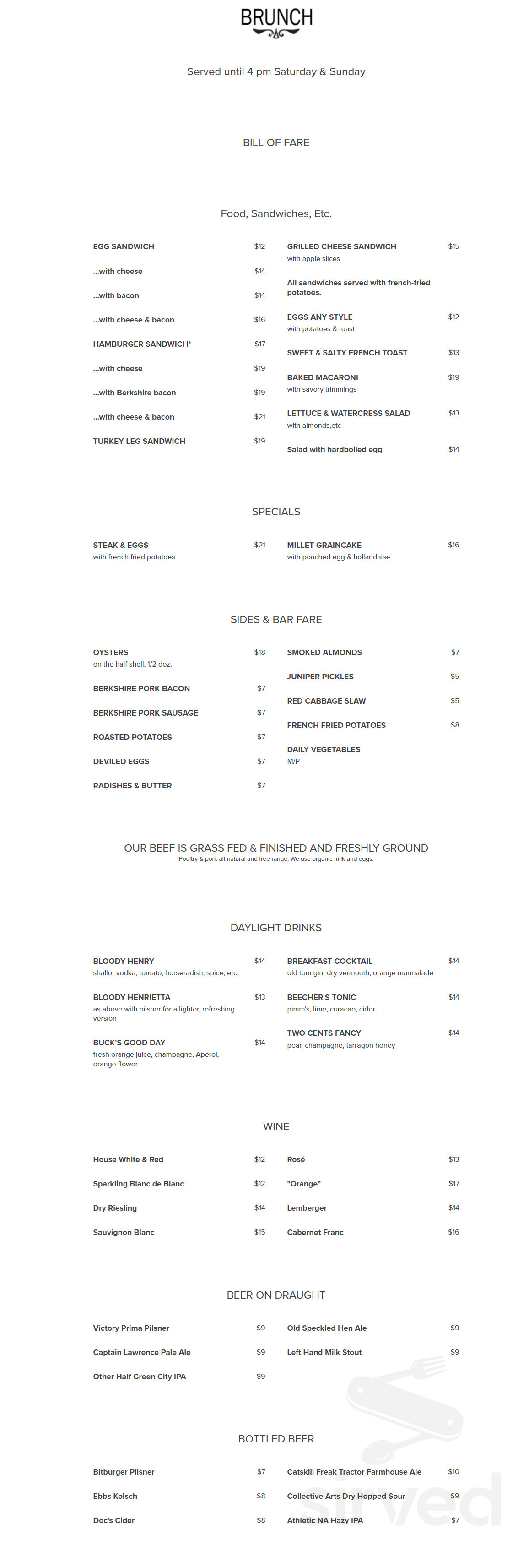 Henry Public menu in Brooklyn, New York, USA