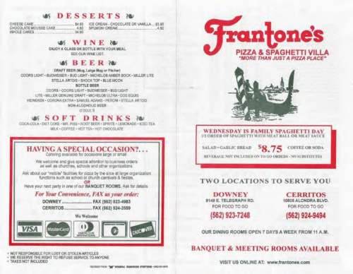 Frantone's Pizza & Spaghetti Villa menu in Cerritos, California, USA