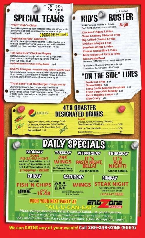The Endzone Bar & Grill menu in Hamilton, Ontario, Canada