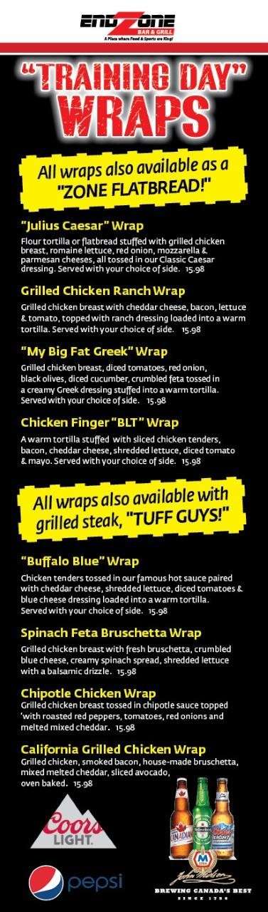 The Endzone Bar & Grill menu in Hamilton, Ontario, Canada
