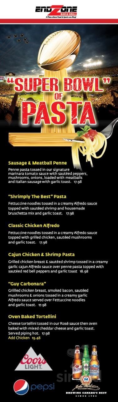 The Endzone Bar & Grill menu in Hamilton, Ontario, Canada
