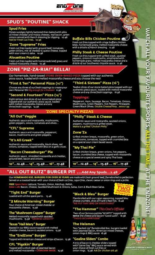 The Endzone Bar & Grill menu in Hamilton, Ontario, Canada
