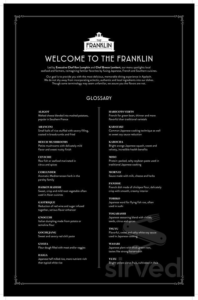 Menu - Apalachicola FL's The Franklin Café | Sirved