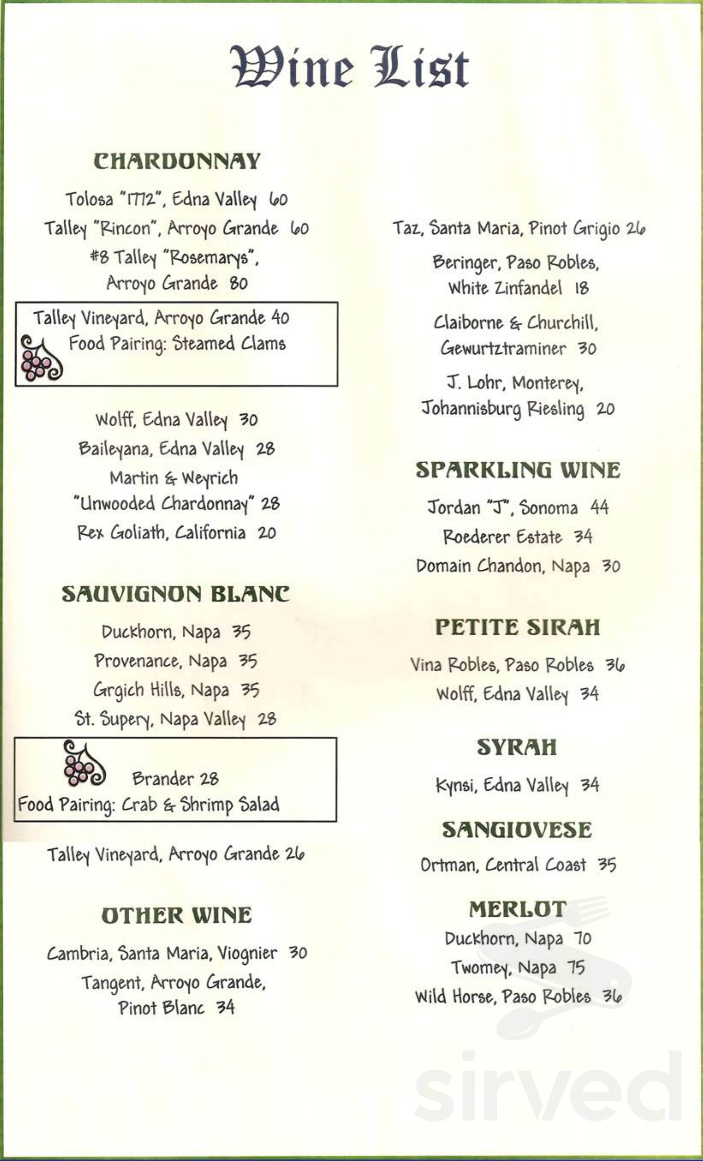Menu for Olde Port Inn in Avila Beach, CA | Sirved