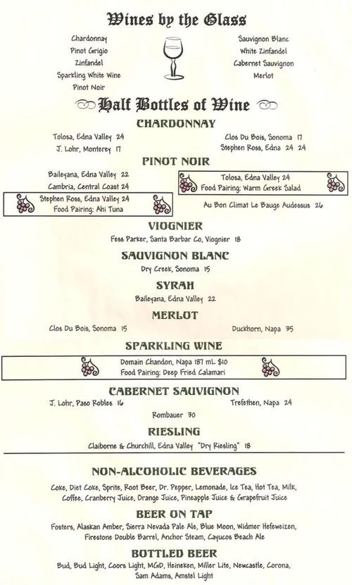Olde Port Inn menu in Avila Beach, California, USA