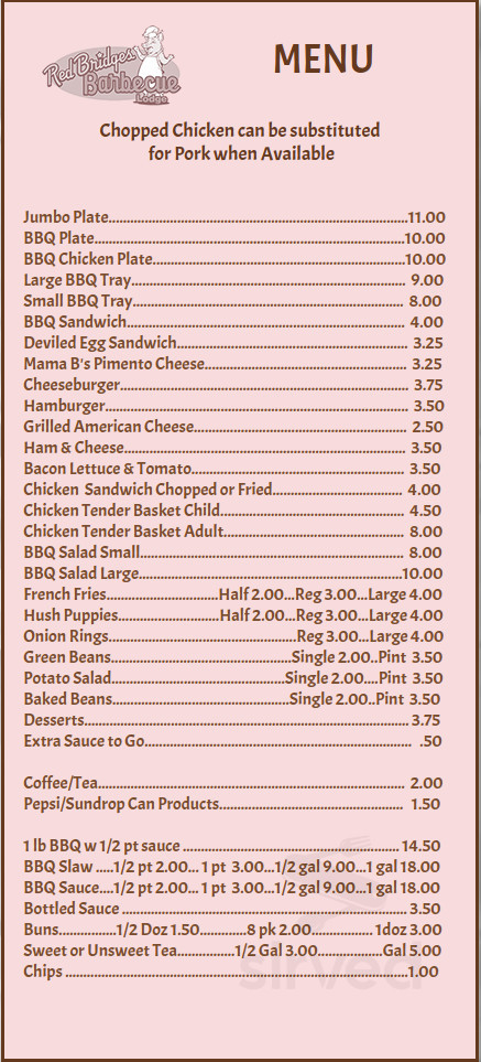 Red Bridges Barbecue Lodge Menu - Shelby, North Carolina | Sirved