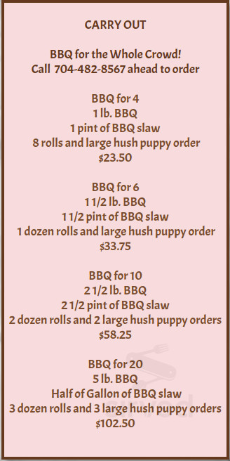 Menu for Red Bridges Barbecue Lodge in Shelby, NC | Sirved