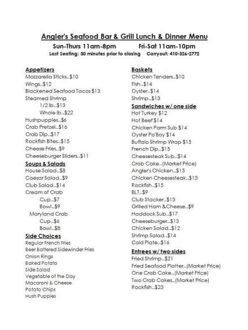 Anglers Seafood Bar And Grill menu in Solomons, Maryland, USA