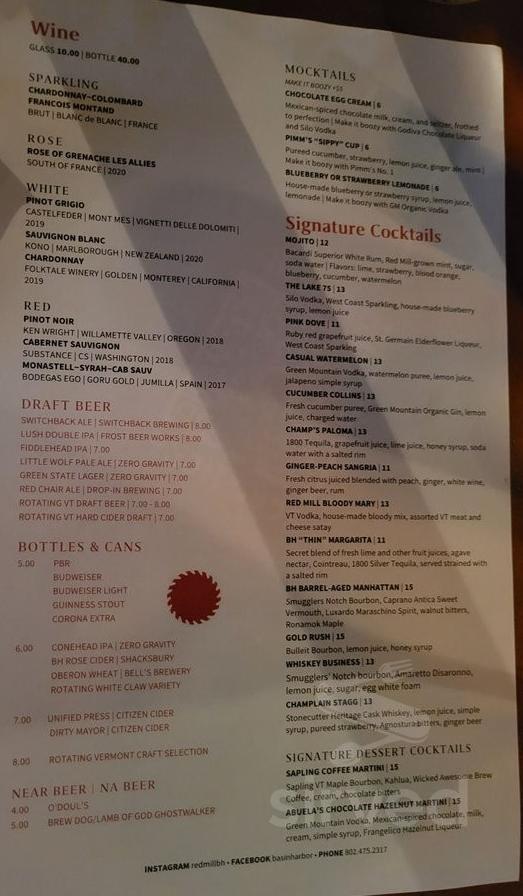 Red Mill Restaurant menu in Vergennes, Vermont, USA