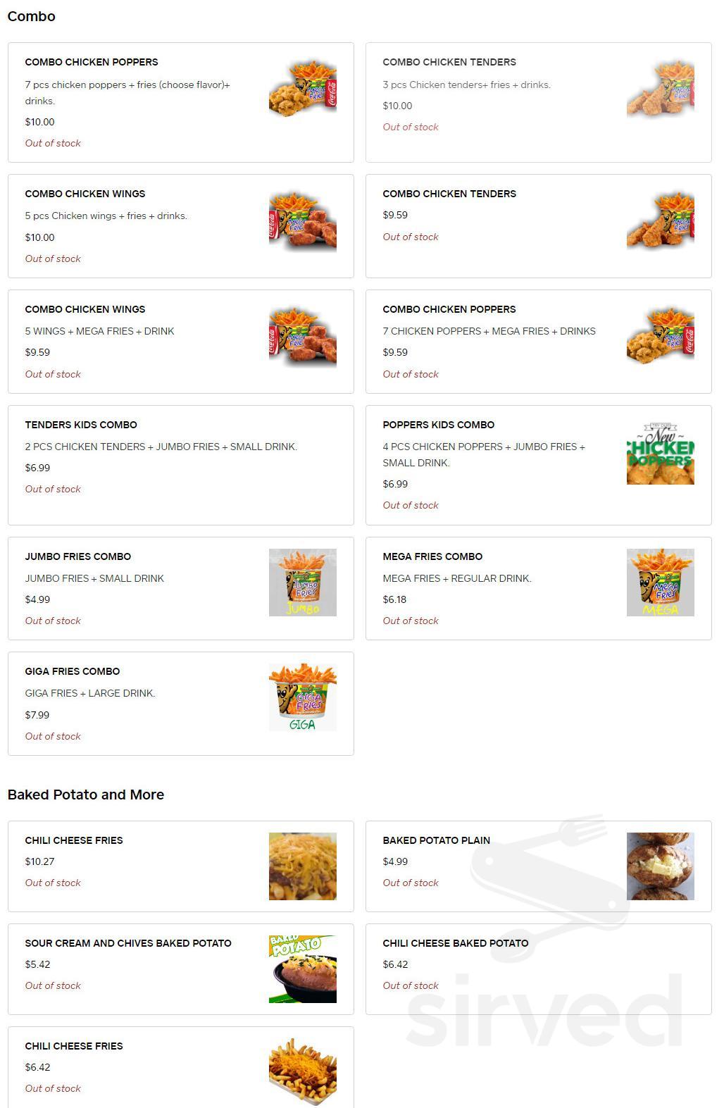 Potato Corner menu in Cutler Bay, Florida, USA