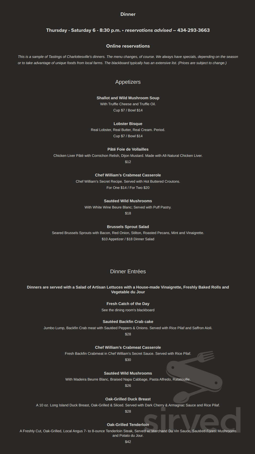 Menu for Tastings of Charlottesville in Charlottesville, VA | Sirved