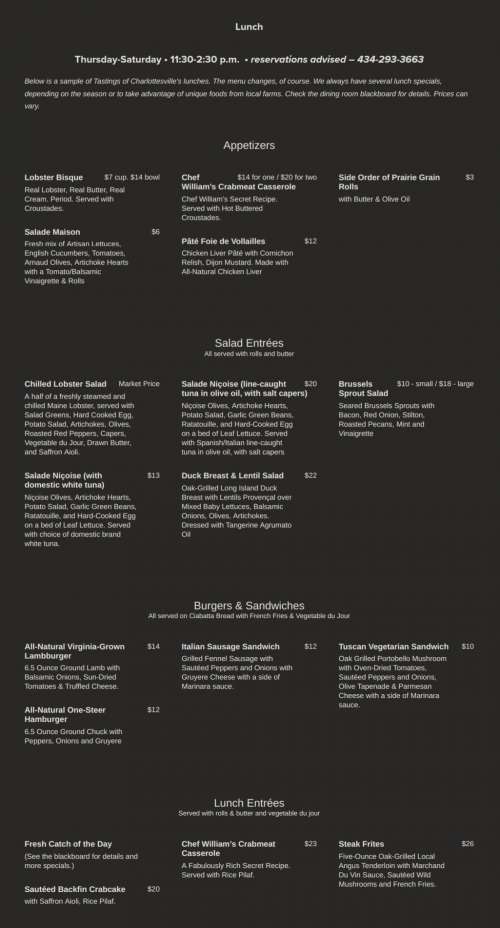 Tastings of Charlottesville menu in Charlottesville, Virginia, USA