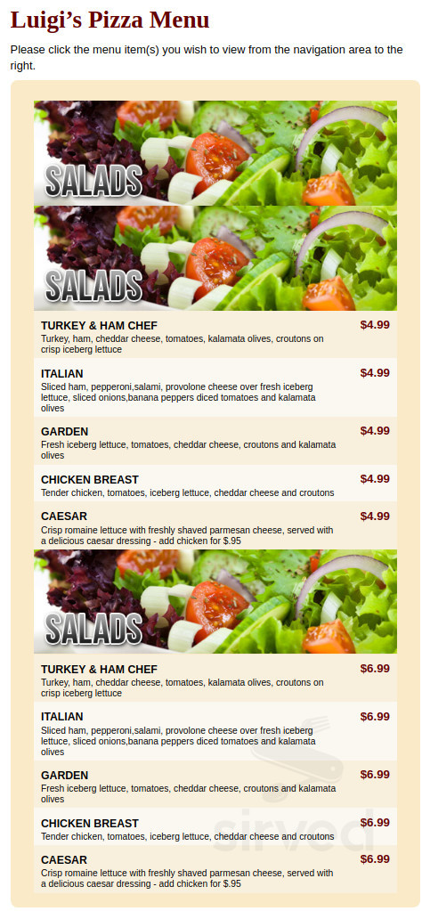 Luigi's Pizza menu in Clarksville, Tennessee, USA