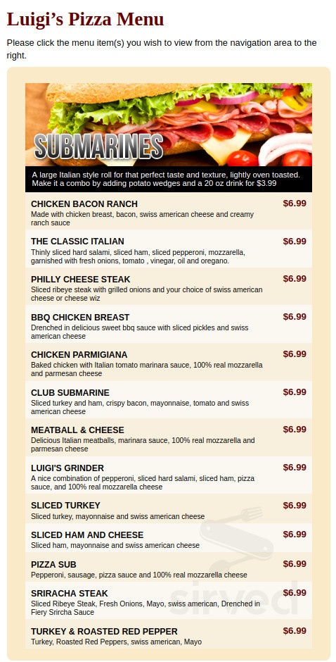 Luigi's Pizza menu in Clarksville, Tennessee, USA