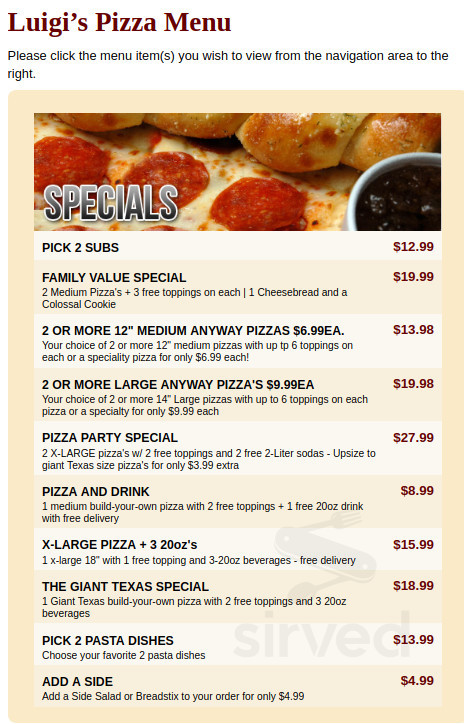 Luigi's Pizza menu in Clarksville, Tennessee, USA