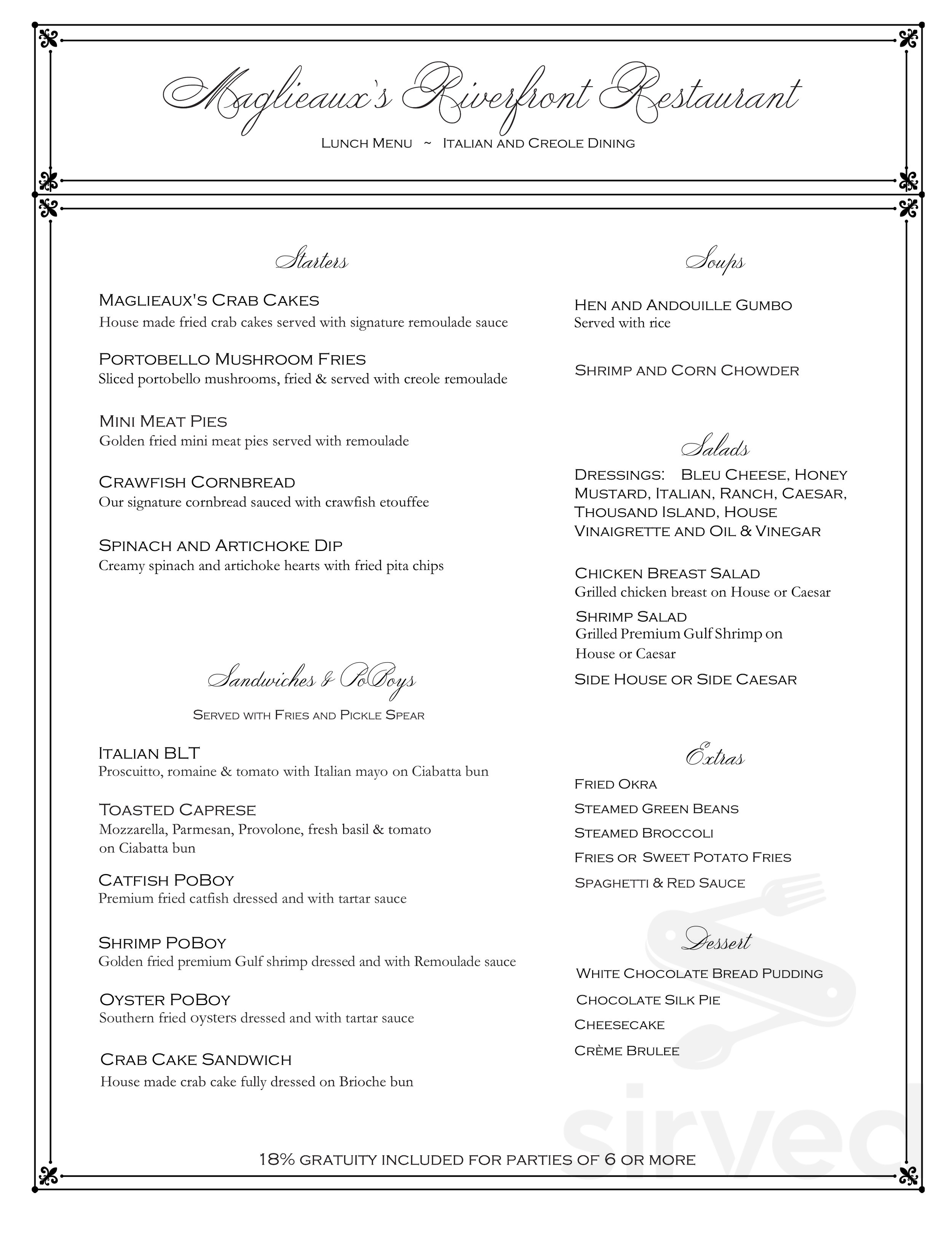 Maglieaux's Riverfront Restaurant menu in Natchitoches, Louisiana, USA