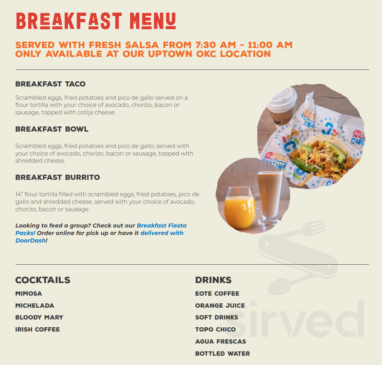 Ted's Tacos and Cantina menu in Oklahoma City, Oklahoma, USA