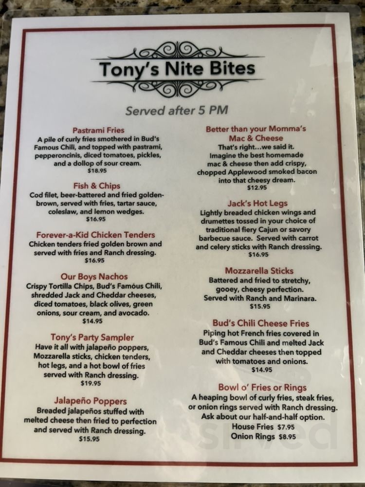 Menu for Tony’s Original Deli & Bottle Shop in Anaheim, CA | Sirved