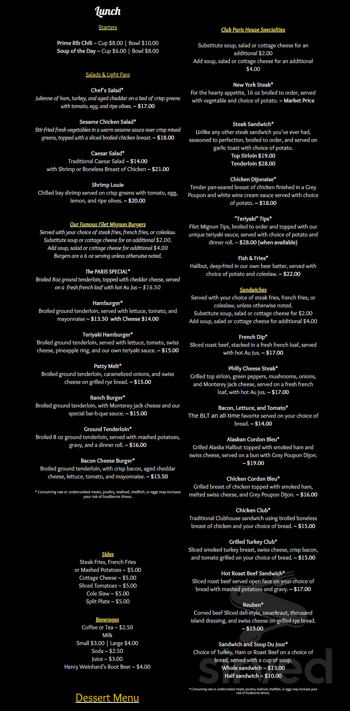 Menu for Club Paris in Anchorage, AK | Sirved