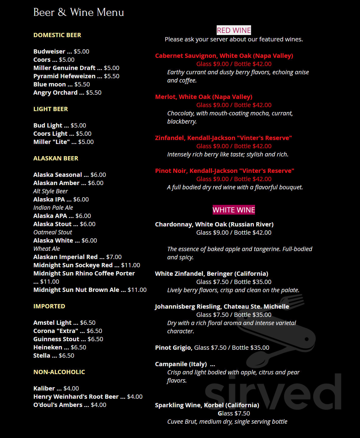 Menu for Club Paris in Anchorage, AK | Sirved