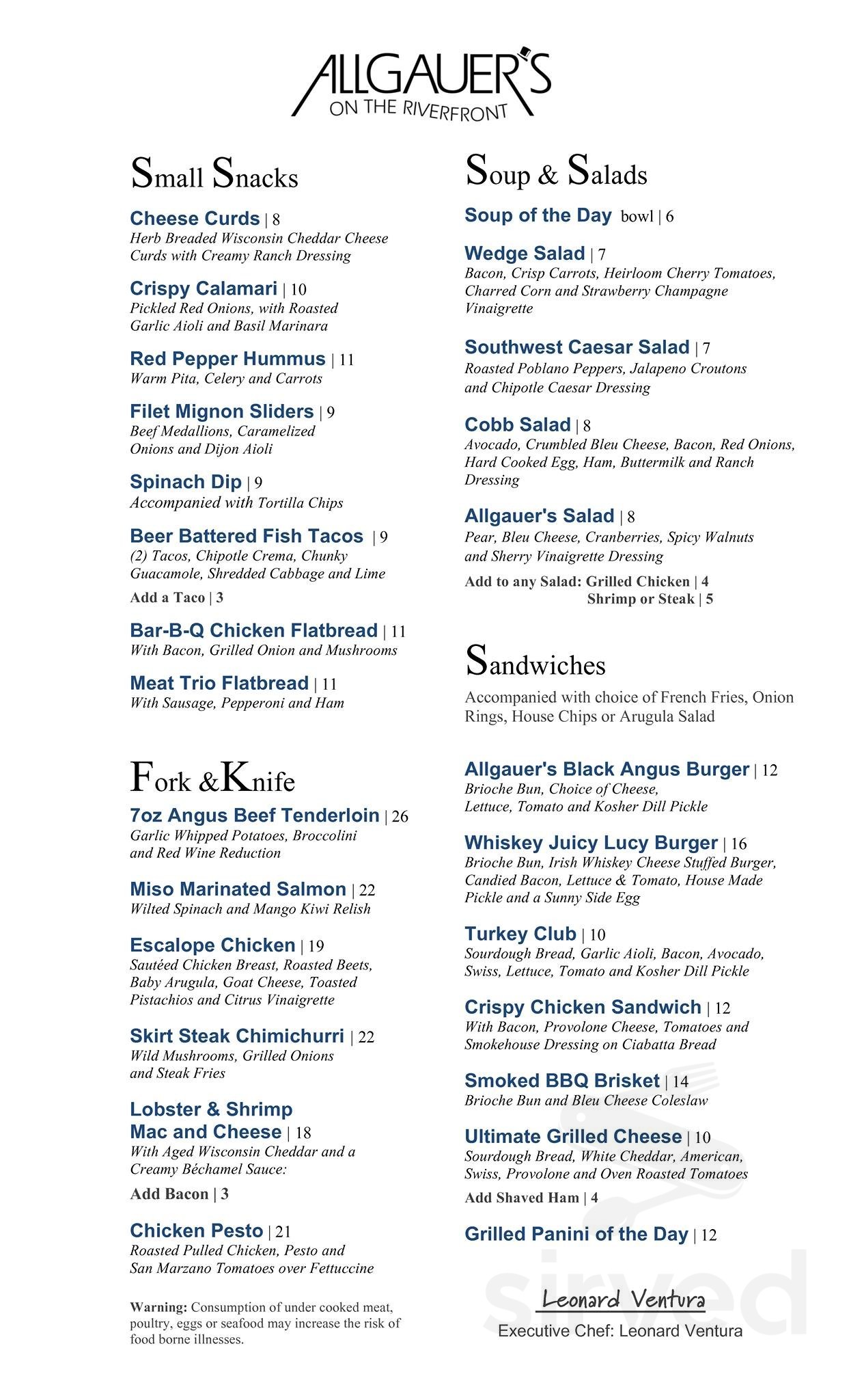 Allgauer's on the Riverfront menu in Northbrook, Illinois, USA